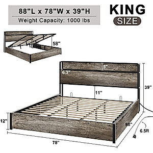 AMERLIFE King Size Lift Up Storage Bed Frame, Wooden Platform Bed Frame with Lifting Storage & Charging Station, No Spring Box Needed/Noise Free, Rustic Grey