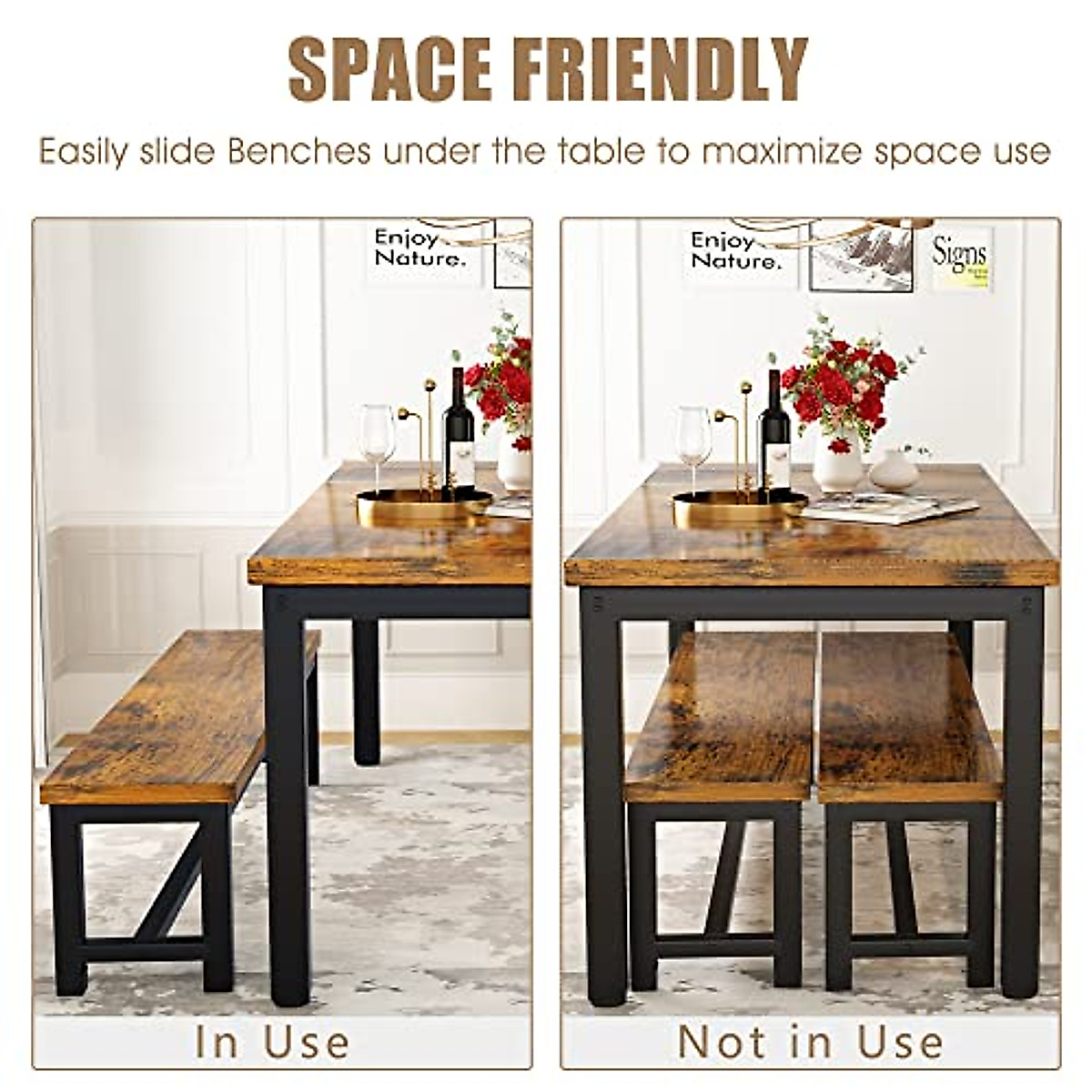 Hooseng Dining Table Set with Two Benches, Kitchen Table and Chairs for 4-6 Persons, 47in Space-Saving Bench Style Dining Table Set Furniture w/Heavy Duty Sturdy Metal, Easy Assemble, Rustic Brown