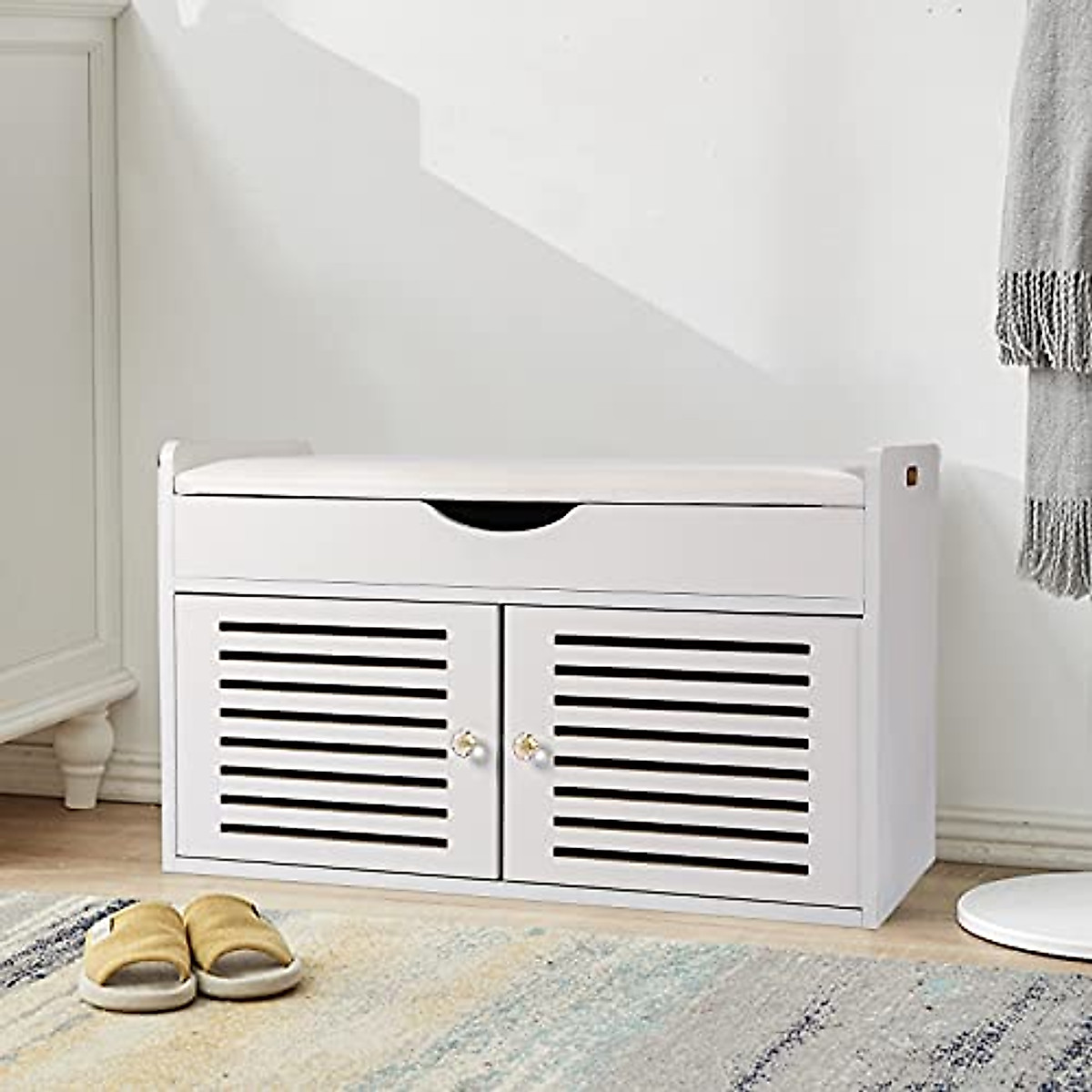 JCONMCN Wooden Shoe Cabinet 2 Doors Shelf Bench Shoes Storage Organiser 8-Pairs Rack Cupboard White 31.6'' x 13'' 18.9'' (Cabinet-2022420)