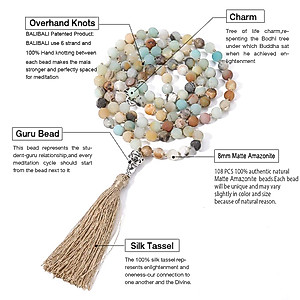 BALIBALI 108 Mala Beads Necklace Semi-Precious Gem Stones Meditation Necklace 108 Hand Knotted Japa Mala Beaded Tassel Necklace with Tree of Life Pendant
