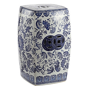 JONATHAN Y TBL1011A Floral Vine 18.5" Chinoiserie Ceramice Square Garden Stool Bohemian, Coastal, Classic, Cottage, French Country, Traditional, Transitional, Bathroom, Garden Room, Patio, Blue/White