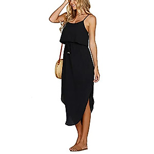 NERLEROLIAN Women's Adjustable Strappy Split Summer Beach Casual Midi Dress Black