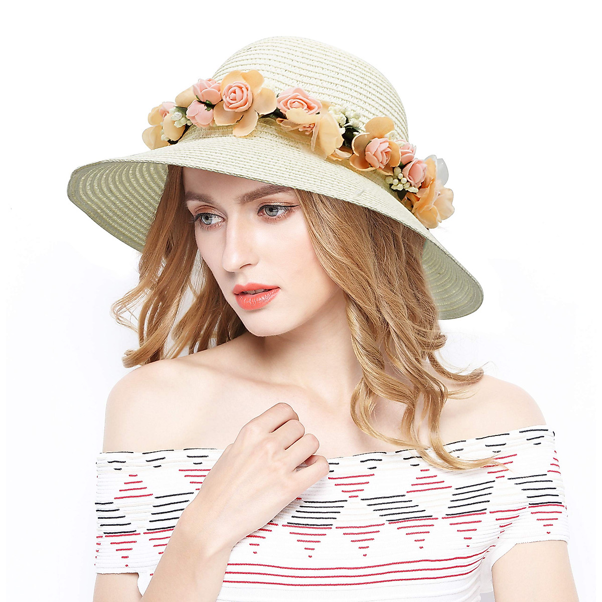 Lovful Fashion Flower Lace Ribbon Wide Brim Caps Summer Beach Sun Protective Hat Straw Hats for Women, White