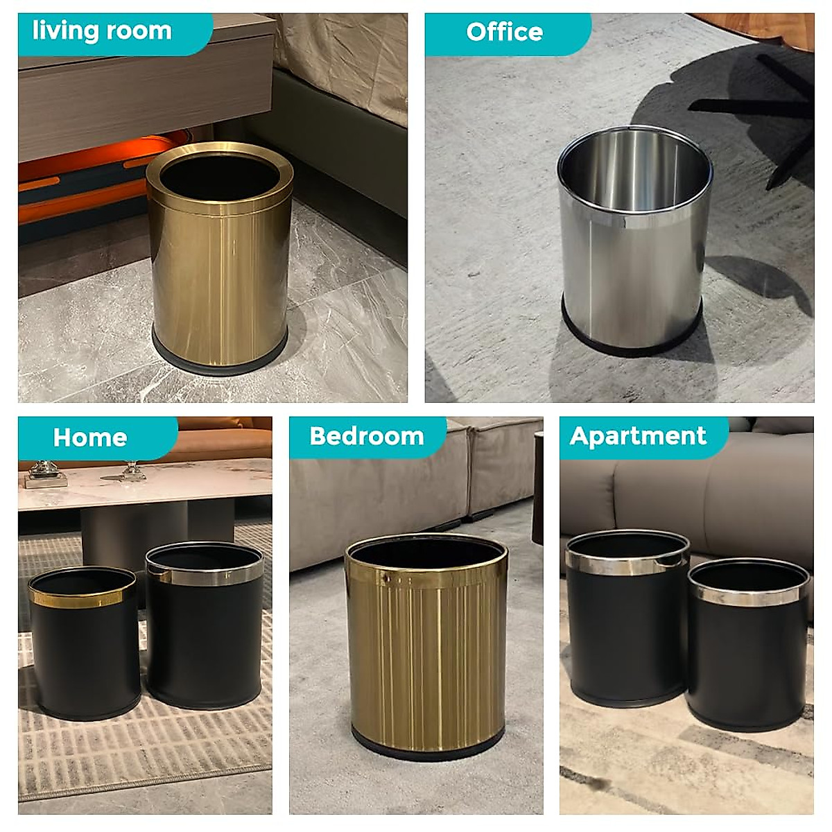 YOJIA 3.7 Gallon/14L Black Bathroom Trash Can Metal, Double Walled Waste Paper Basket, Bathroom Garbage Can, Elegant, Modern Office Waste Basket, for Bedroom, Kitchen, Hotel, Cafe, Business(14L black)