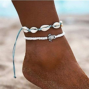 Aluinn Boho Turtle Layered Shell Anklet Set Silver Ankle Bracelets Beaded Foot Chain Beach Foot Jewelry Accessories for Women summer gifts