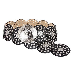 Women's 3 1/2" (90 mm) Wide Boho Disc Concho Leather Belt, Black | m - 42" (107 cm) end-to-end