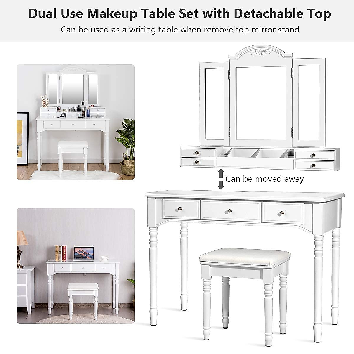 MAT EXPERT Vanity Desk Set with Mirror and 7 Drawers, Makeup Dressing Table w/Cushioned Stool, Dressing Table w/Partitioned Shelf, Modern Tri-Folding Mirror Vanities for Bedroom (White)