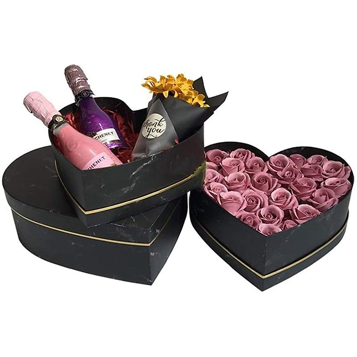 BBJ WRAPS Marble Heart Shaped Paper Flower Boxes with Lids Floral Cardboard Box Gift Packaging for Valentine's Day Florist Arrangements, Set of 3 (S/M/L) (Black)