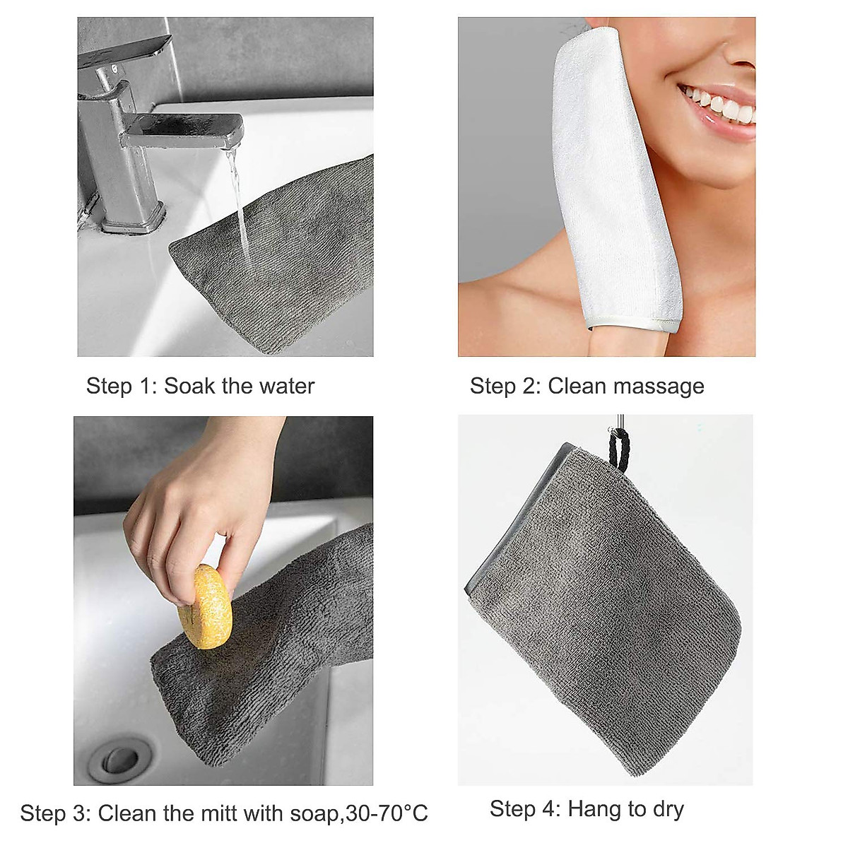 PHOGARY 10 Pack Microfiber Body Wash Mitts, Soft Face Mitten, Bath Spa Cloth, Reusable Makeup Remover Mitt Gloves, European Style Wash Cloth, 6×8 inch, White and Grey