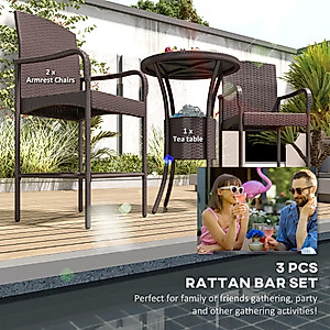 Outsunny 3 Pieces Rattan Wicker Bar Set with Ice Buckets, Patio Furniture with 1 Bar Table and 2 Bar Stools for Poolside, Backyard, Porches, Dark Brown