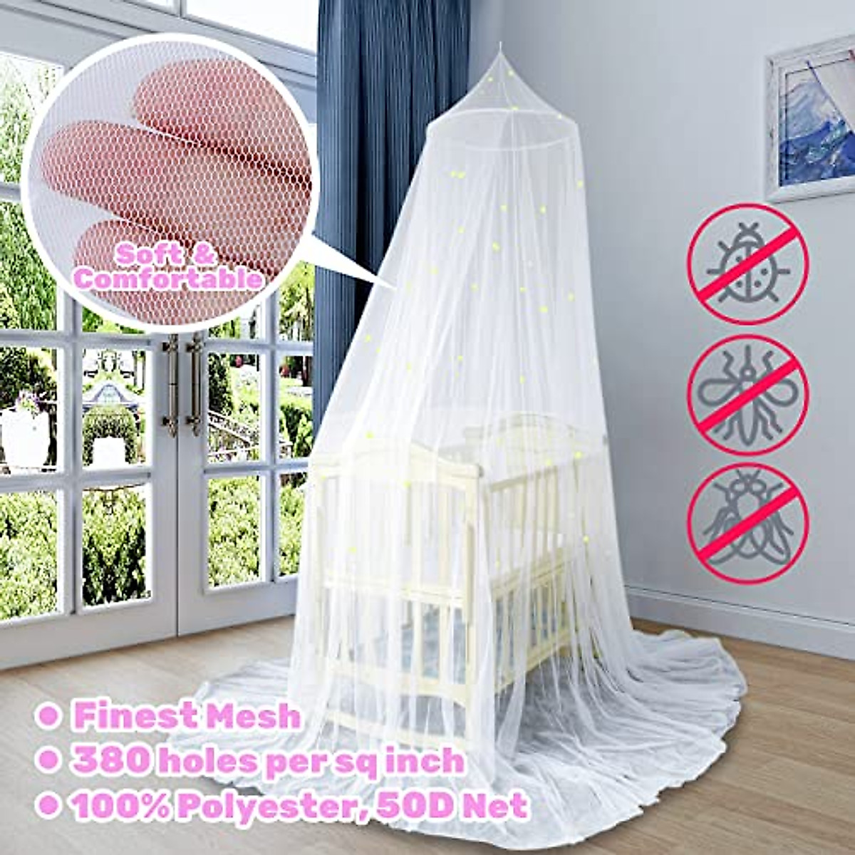 Bed Canopy for Girls with Glowing Stars in The Dark, White Princess Bed Curtain for Baby Crib, Kids Bed &amp; Toddler Bed, Twin, Full &amp; Queen Bed, Mosquito Net Canopy for Girl Room, Fire Retardant Fabric