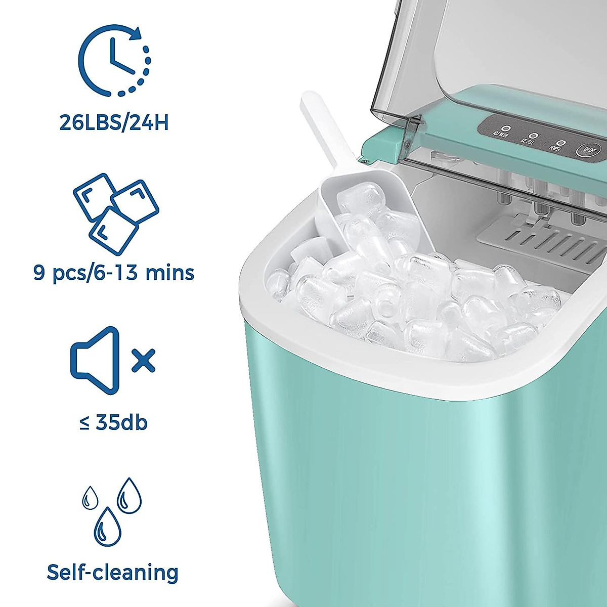 Antarctic Star Countertop Ice Maker Portable Ice Machine with Handle,Self-Cleaning Ice Makers, 26Lbs/24H, 9 Ice Cubes Ready in 6 Mins for Home Kitchen Party Bar Green