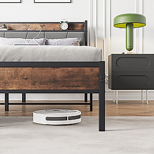 GJHOME Queen Size Bed Frame, Storage Headboard with Charging Station, Solid and Stable, Noise Free, No Box Spring Needed, Easy Assembly (Queen Size)