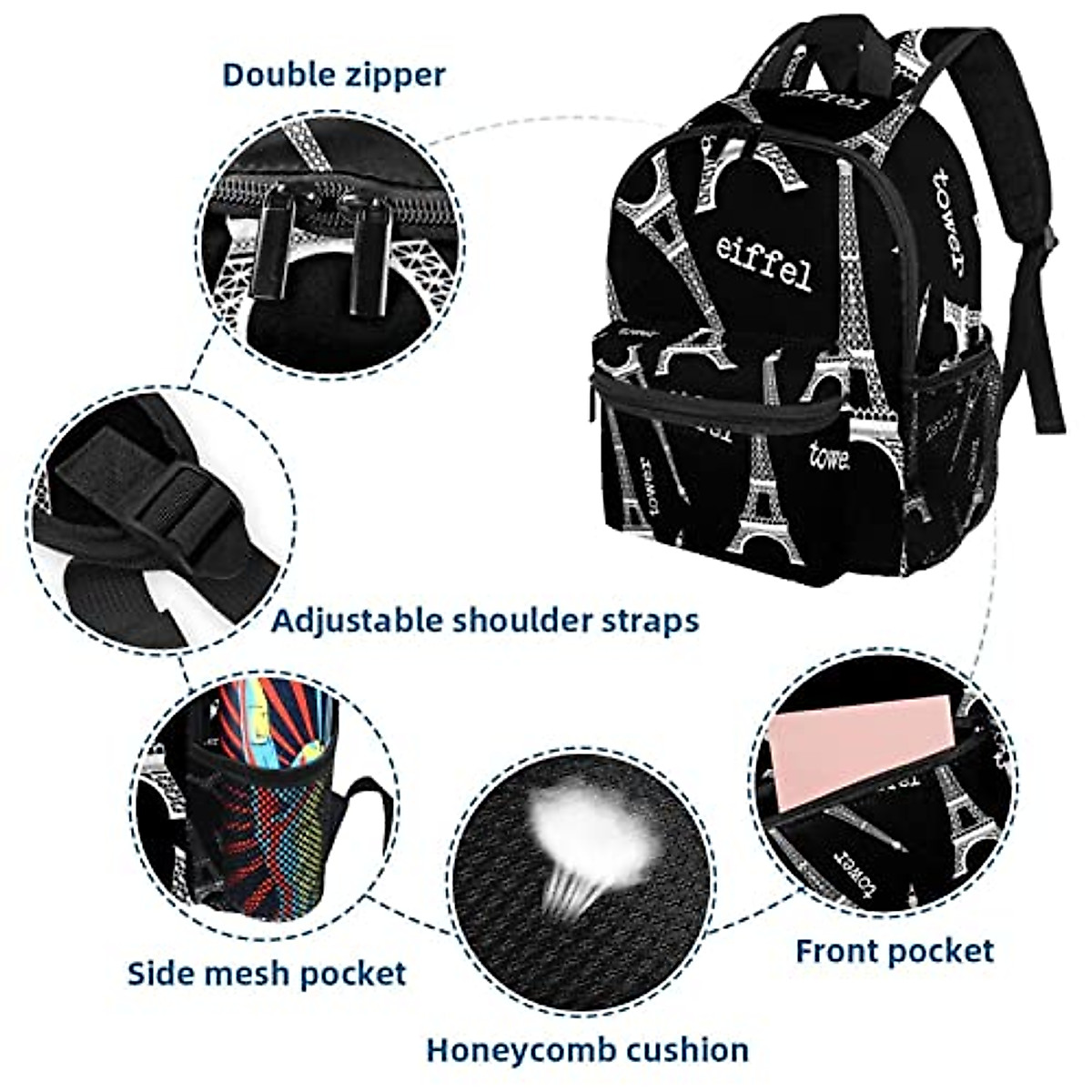 Daypack Bookbags Small Travel Bag for Boys Girls Casual Backpack, Paris Eiffel Tower Pattern