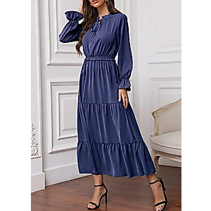 KIRUNDO Women's 2023 Fall Long Sleeve Tie Crew Neck Maxi Dress Casual Empire Waist Boho Ruffle Flowy Long Dresses(Navy, X-Large)