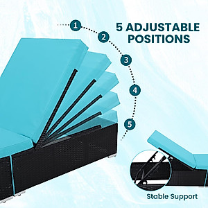 Murago Outdoor Patio Rattan Wicker Chaise Lounge Chair, Set of 2, Adjustable Backrest, Waterproof Cushion, Ideal for Pool, Black Frame with Blue Cushion