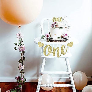 Morndew Gold Glitter One Banner and One Cake Toppers for Kids Birthday Party Baby Shower Wedding Party Bunting Decoration