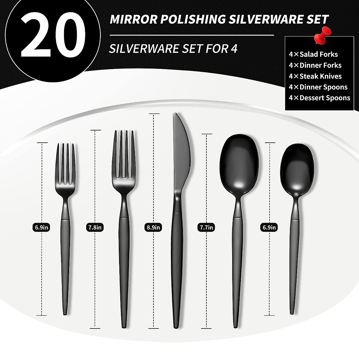 Rygten QU 20-piece Black Silverware Set, Unique Design Stainless Steel Flatware Set, Cutlery Set Spoons And Forks Knives Set, Tableware Set Service For 4, Dishwasher Safe