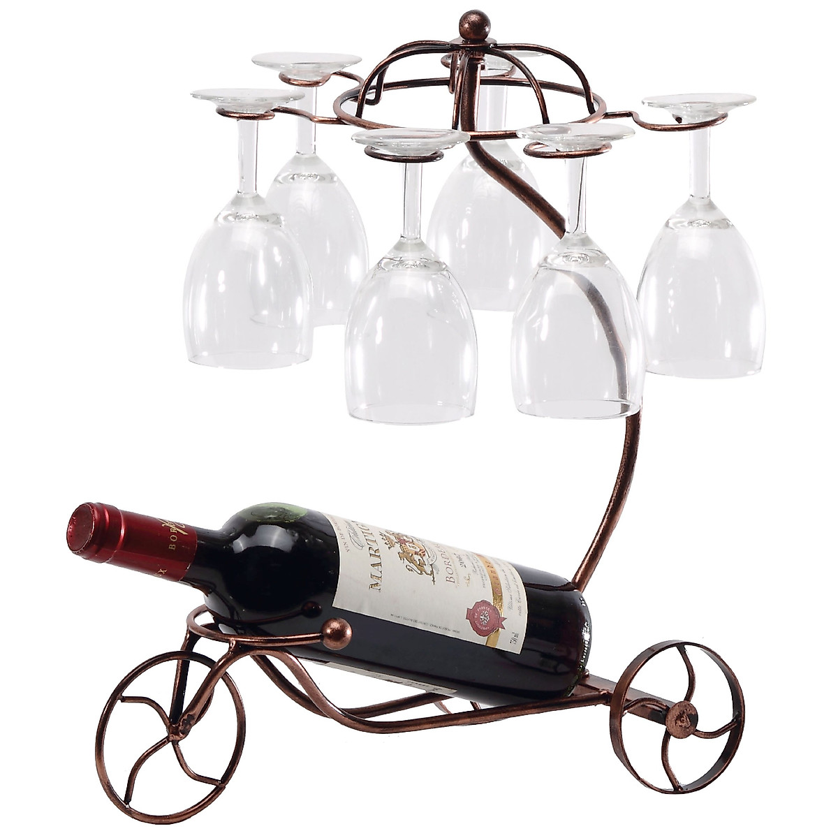 MyGift Vintage Bronze Metal Tabletop Wine Bottle Holder and Wine Glass Rack with Perisian Tricycle Design, Holds Single Bottle and 6 Stemware
