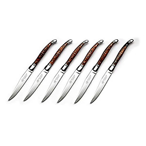 Laguiole California Steak Knives - 6 Piece Rosewood Set - Ergonomic Handles - Stored in a California Oakwood Gift Box - Extremely Sharp Straight Steel Blades are Thick Gauge, Full Tang