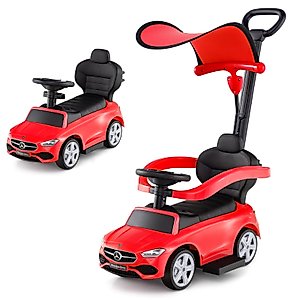 Costzon Push Car for Toddlers, 3 in 1 Mercedes Benz Stroller Sliding Walking Car w/Canopy, Handle, Safety Bar, Cup Holder, Music, Underneath Storage, Foot-to-Floor Ride On Toy for Boys & Girls, Red