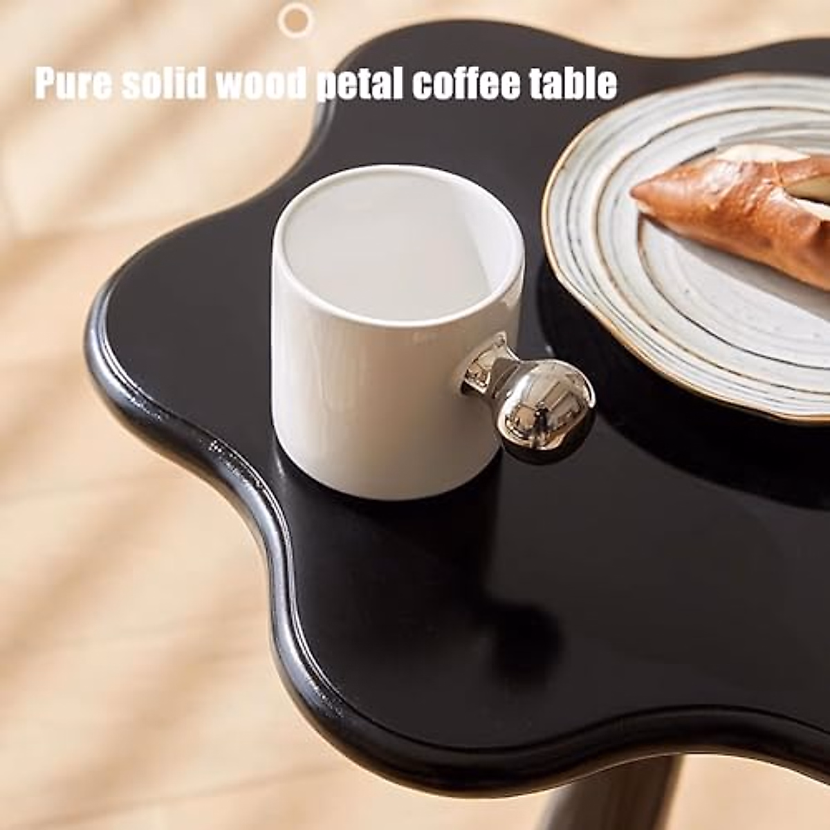 Modern Sofa Side End Table Wooden Flower Shape Side Tables Living Room Small Accent Table with Round Pedestal, Wave-Design Couch Corner Tables Coffee Table for Home Decor (Black)