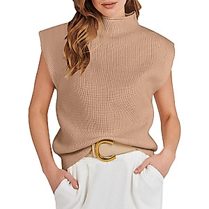 LOGENE Women's Sweater Vest Sleeveless Mock Neck Tank Top Ribbed Knit Cap Sleeve Pullover Sweaters 2023 Fall Trendy Clothes apricot Medium