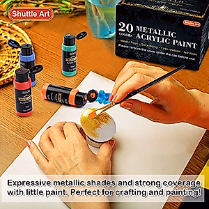 Metallic Acrylic Paint Set, Shuttle Art 20 Colors Metallic Paint in Bottles (60ml, 2oz) with 3 Brushes and 1 Palette, Rich Pigments, Non-Toxic for Artists, Beginners on Rocks Crafts CanvasWood Fabric