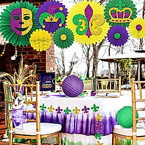 Mardi Gras Paper Fan Decoration Kit Fleur De Lis Flower Garland Green Gold Purple Glittery Cutouts Paper Honeycomb Balls Lanterns Backdrop for Mardi Gras Theme Birthday Masquerade Party Supplies New Orleans Carnival Favors