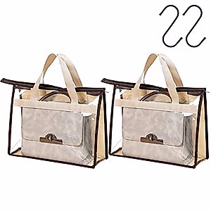 Handbag Storage Organizer 2 Pack, Clear Purse Storage Organizer for Closet, Clear Dust Bags for Handbags, Purse Cover Hanging Closet Organizer with Zipper, Handles and Purse Hook- L, Cream