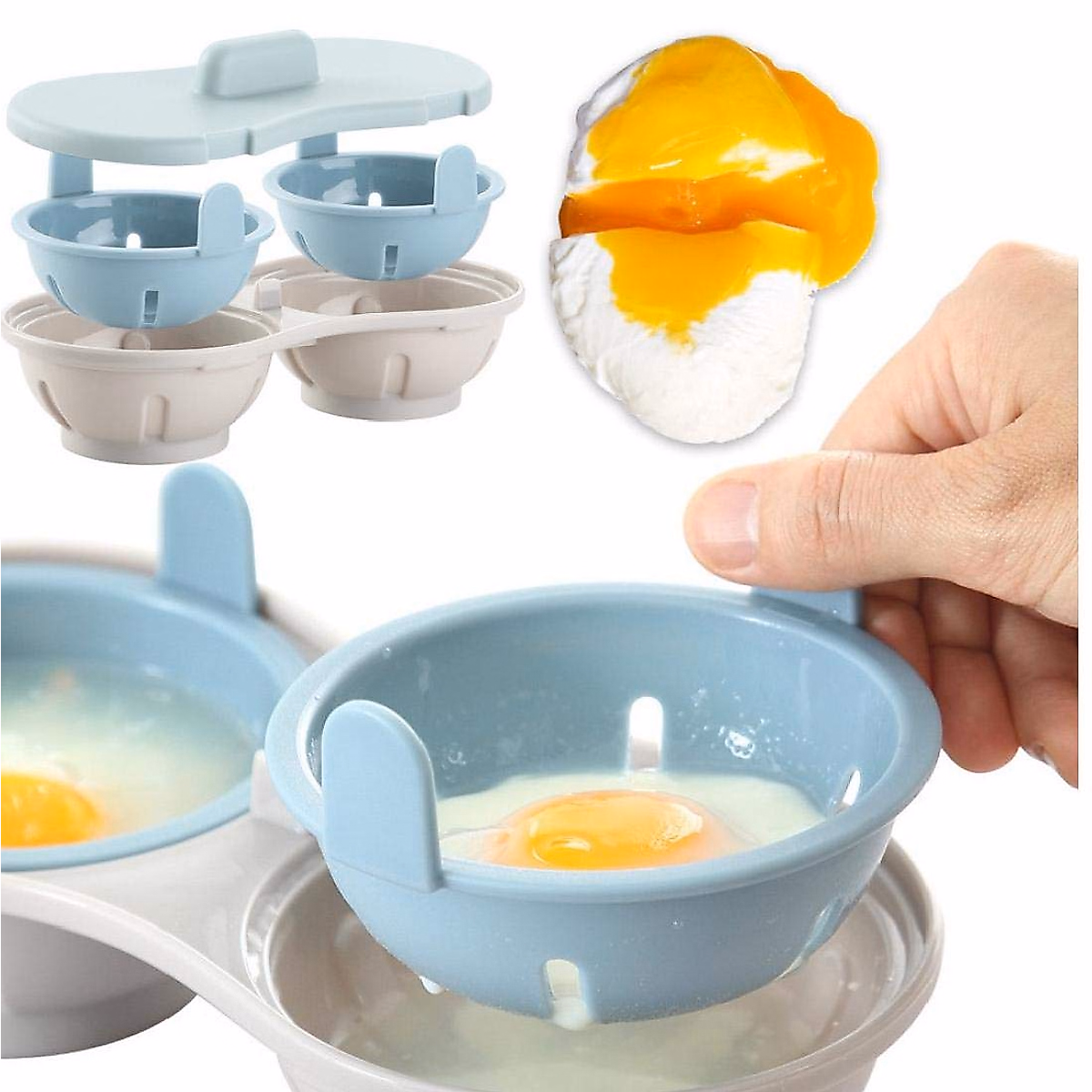 AMOYER 1pc 2 Cavity Egg Poacher Safety Microwave Double Egg Poaching Cups Ware Easy Breakfast Set Egg Cooking with Cover for Oven Stovetop Steamer