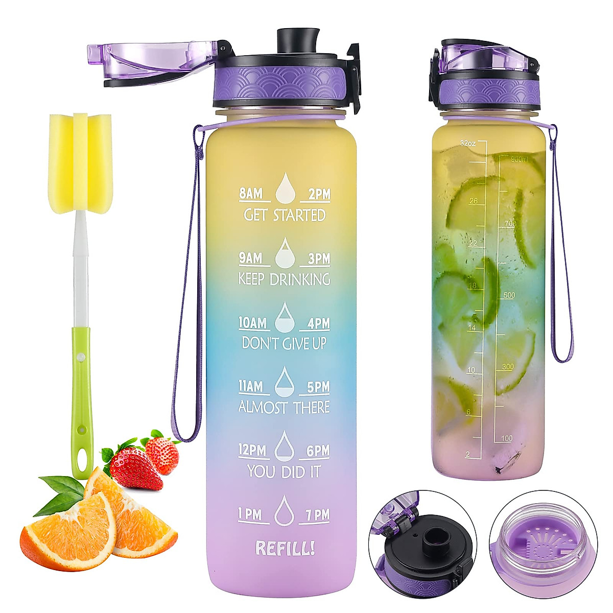 Kanglesdip 32 oz Large Water Bottle with Motivational Time Marker & Removable Strainer,Fast Flow BPA Free for Fitness, Gym and Outdoor Sports(Yellow/Blue/Purple, 32 oz)