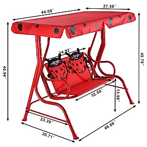 ReunionG Kids Porch Swing, 2 Seats Children Swing Chair w/Safety Belt & Adjustable Hammock Canopy, Kids Patio Swing Bench for Outdoor