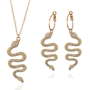 Balirek Snake Earring & Necklace 14K Gold Plated Dangle Earrings Personalized Punk Animal Hypoallergenic Fashion Rhinestone Ear Jewelry Set for Women
