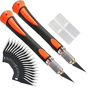 FOSHIO 2 Pack Precision Craft Knife Set with 20 Pieces Replacement Blades, Ergonomic Non-Slip Handle Hobby Knife with Protective Cover for Art, Craft Scrapbooking, Stencil (Orange)