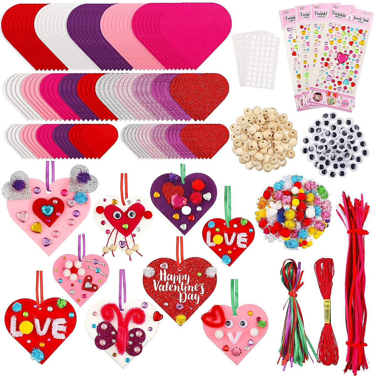 400 Pieces DIY Valentines Heart Craft Set DIY Felt Heart/Owl Craft Supplies Assorted Heart Shapes Felt with Pom Poms Cleaners Googly Eyes for Valentines Party Favor Decoration (Heart)