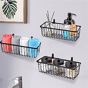 Farmhouse Metal Wire Bin Basket with Wall Mount - Small, 4 Pack - Portable Hanging Wall Basket, Rustic Home Storage Organizer for Cabinets, Pantry, Closets, Bathroom, Kitchen,Bedroom(Black)
