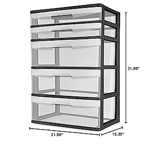 CLMSTE Plastic 5 Drawer Wide Tower, Black