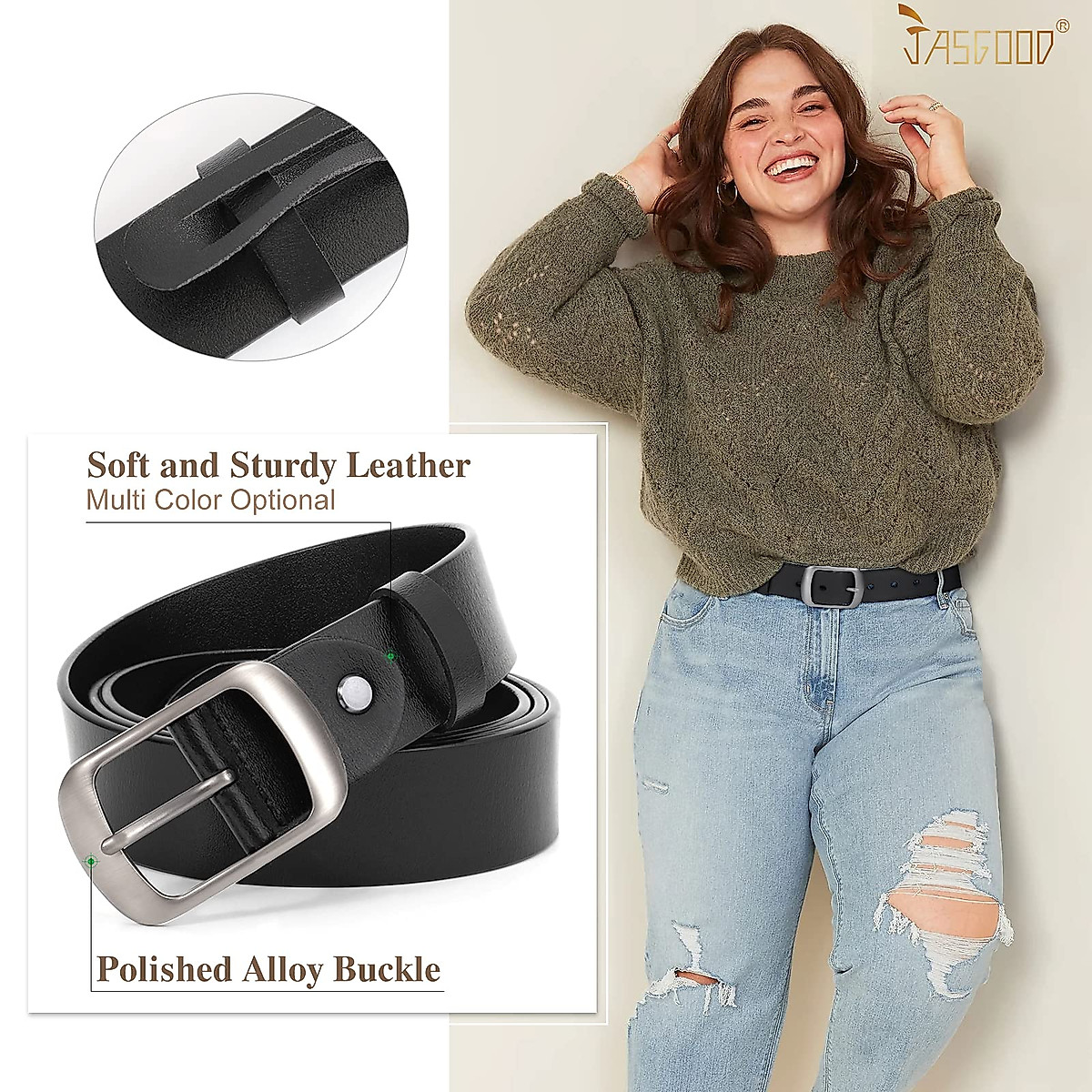 JASGOOD Women Leather Plus Size Belt Black Casual Waist Belt for Jeans Pants with Metal Pin Buckle(A-Black.Fit Waist Size 43''-47'')