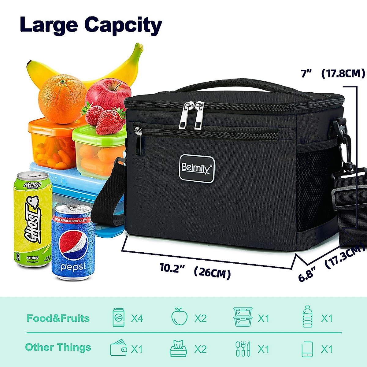 BEIMILY 2 Pack Insulated Lunch Bag Lunch Box for Women Men Insulated Cooler Lunchbox,Small Soft Sided Cooler Hand bags,lunch box for work with Adjustable Shoulder Strap (black+black),2305AC