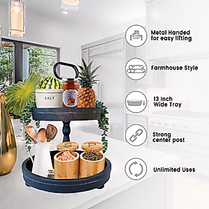 DECORIO Beautiful Tiered Tray Black Slighly Distressed, Two Tiered Wood Decorative Tray - Tiered Tray Stand - Two Tier Tray Tiered Tray Decor - 2 Tier Tray Tiered Serving Tray - Spring Decor 17"