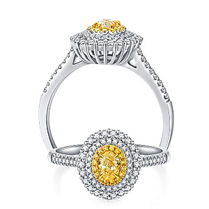 MRENITE Solid 18kt White Gold Genuine Natural Canary Yellow Diamond Ring Classic Oval Halo Cluster Engagement Ring (0.66cttw, FVY Color VVS1 Clarity 0.31ct. Center)