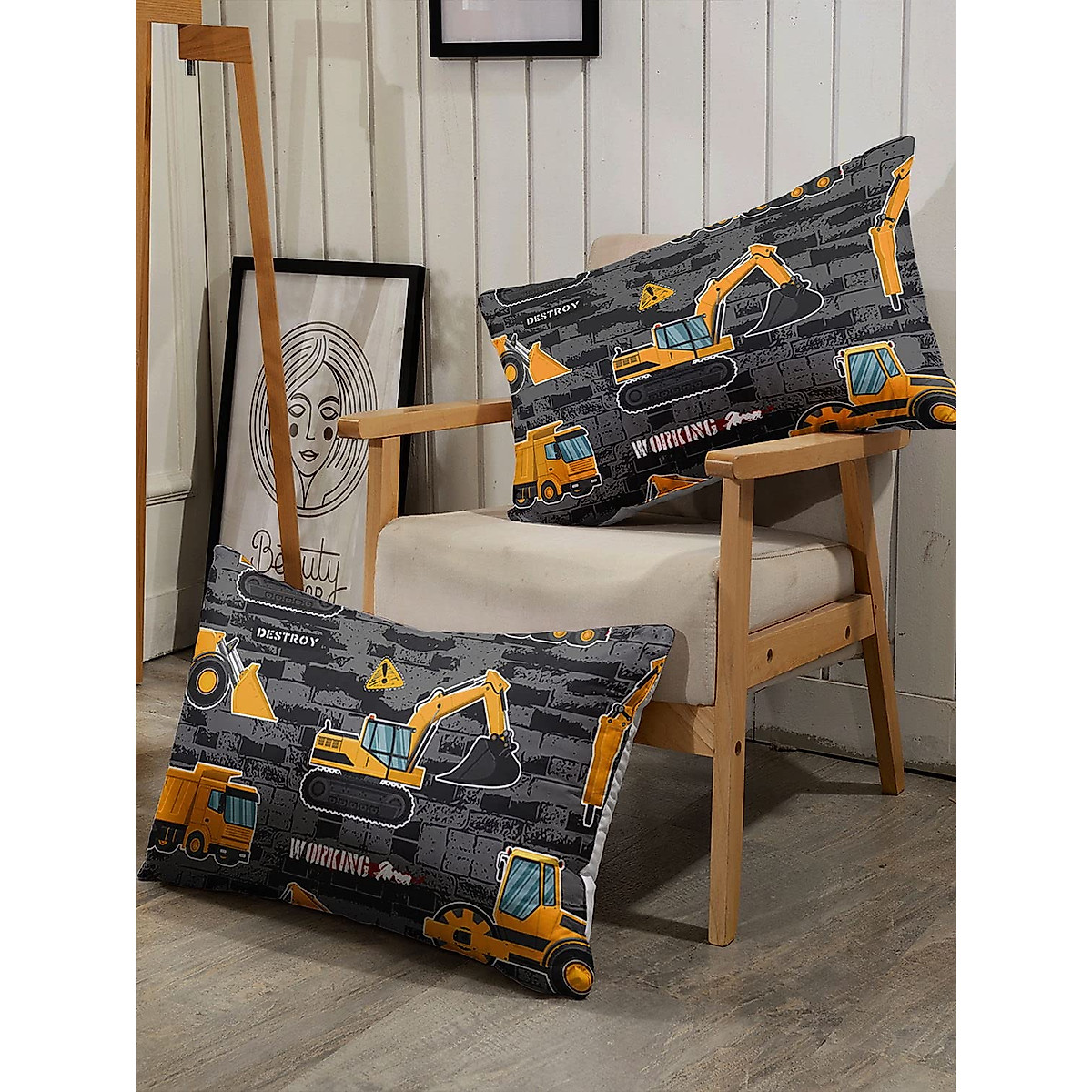 Datura home Kids Engineering Car Bedding Comforter Set Tractor Truck Printed Pattern Bedding Set with 1 Comforter and 2 Pillowcases for Boys Bedroom All Season(Truck2 Twin), Twin 68x86inches