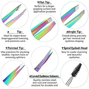 6 Pieces Eyebrow Tweezers Set with Curved Scissors, Eyelash Brush Stainless Steel Brow Remover Tools for Women and Girls, Hair Plucking Daily Beauty Tool with Storage Case (Rainbow Color)