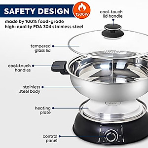 Austric Electric Shabu Shabu Hot Pot, 304 Stainless Steel Hot Pot with Divider Electric pot with Tempered Glass Lid for Party, Family Gathering,5L large capacity（Silver） (Shabu Lift Timer)