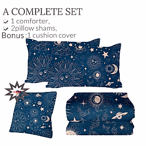 Sleepwish Celestial Comforter Set Sun Moon and Star Bedding Set Full Size 4 Piece Boho Blue Space Galaxy Comforter for Kids Boy Girls