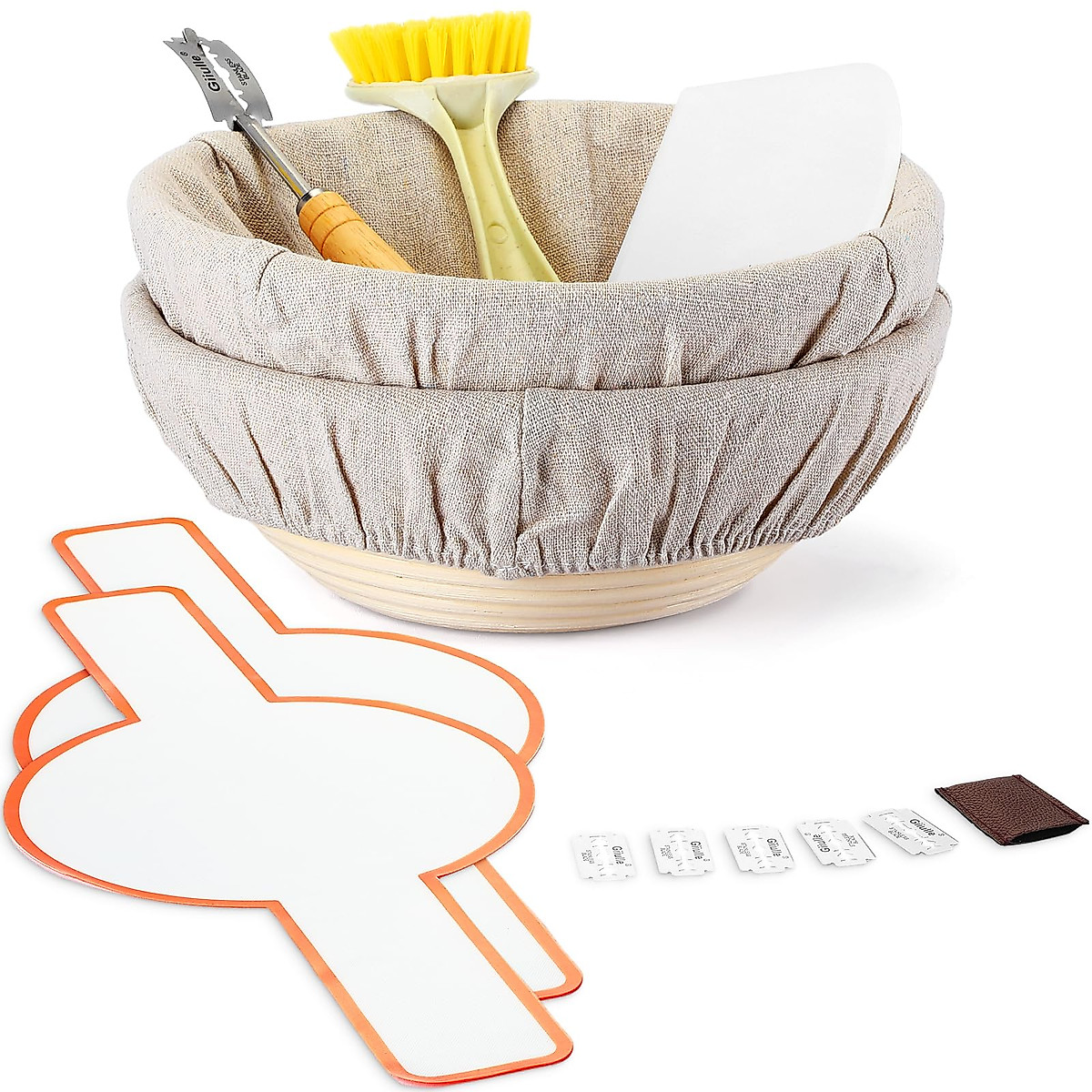 Thyle 2 Pack 9 Inch Banneton Bread Proofing Basket Set Round Rattan Sourdough Bread Baking Supplies with Liner Silicone Bread Sling Bread Making Supplies Tools Scraper Kit Bread Lame with Blades Brush