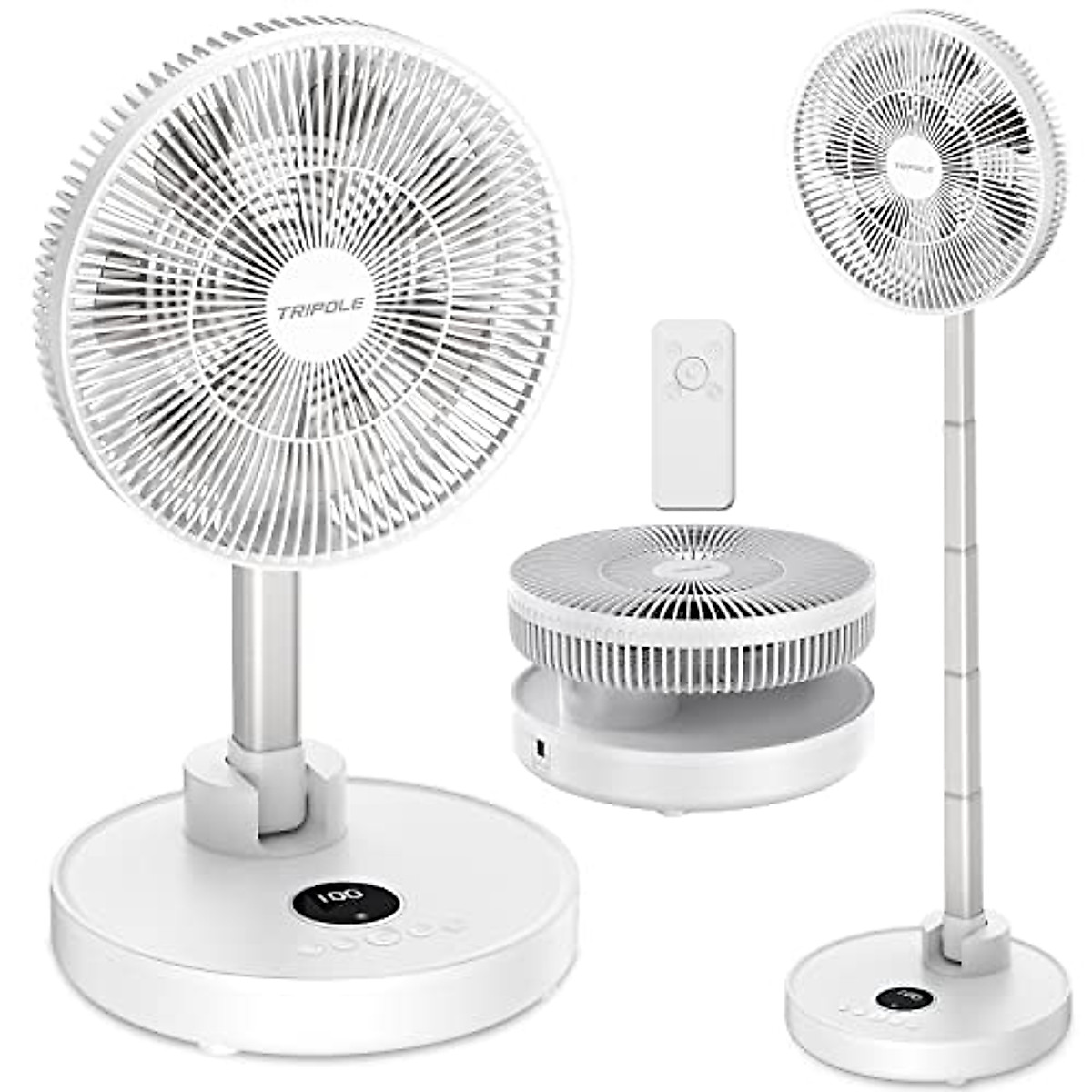 TriPole 12'' Standing Fan Oscillating Pedestal Fan, Rechargeable Battery Operated Fan Quiet Height Adjustable Floor Fan with Remote Timer, Foldaway Portable Fan for Bedroom Home Travel, 5-31H Working