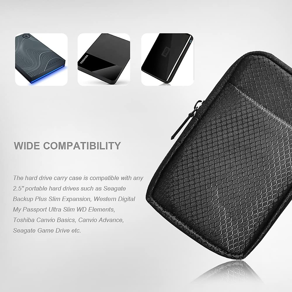 Hard Drive Bag 2.5'' Hard Drive Carrying Case Storage Organizer Multi-Purpose Universal Carry Pouch Compatible with Western Digital WD Elements Seagate Etc