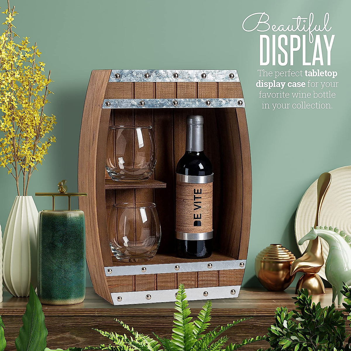 Wooden Wine Barrel Display - Pinewood Display Case with Sliding Cover Ideal for Wine Whiskey Scotch & More - 2 Built-In Shelves for Stemless Wine or Rocks Glasses, A Gift for Wedding or Any Occasion